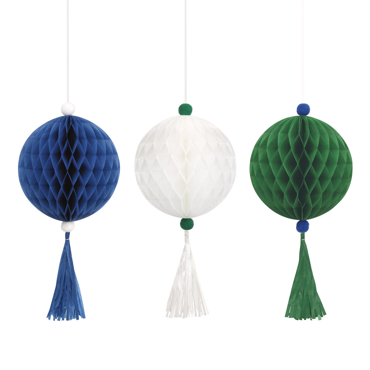 Grønn, Hvit og Blå 3 Honeycomb dekor m/Tassels - Partygrossisten